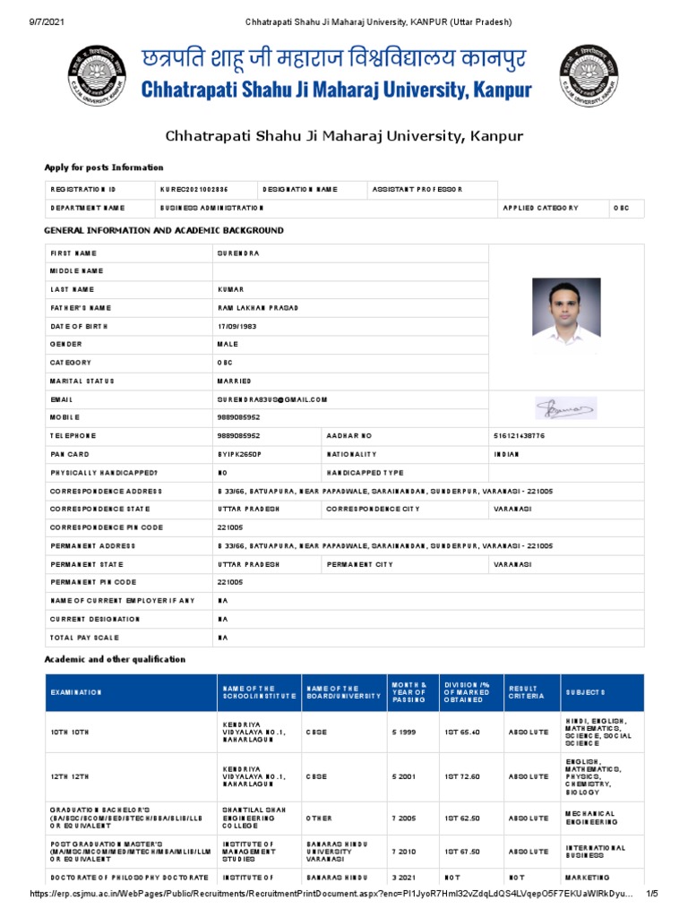 Chhatrapati Shahu Ji Maharaj University, KANPUR (Uttar Pradesh) - Application Form Surendra ...