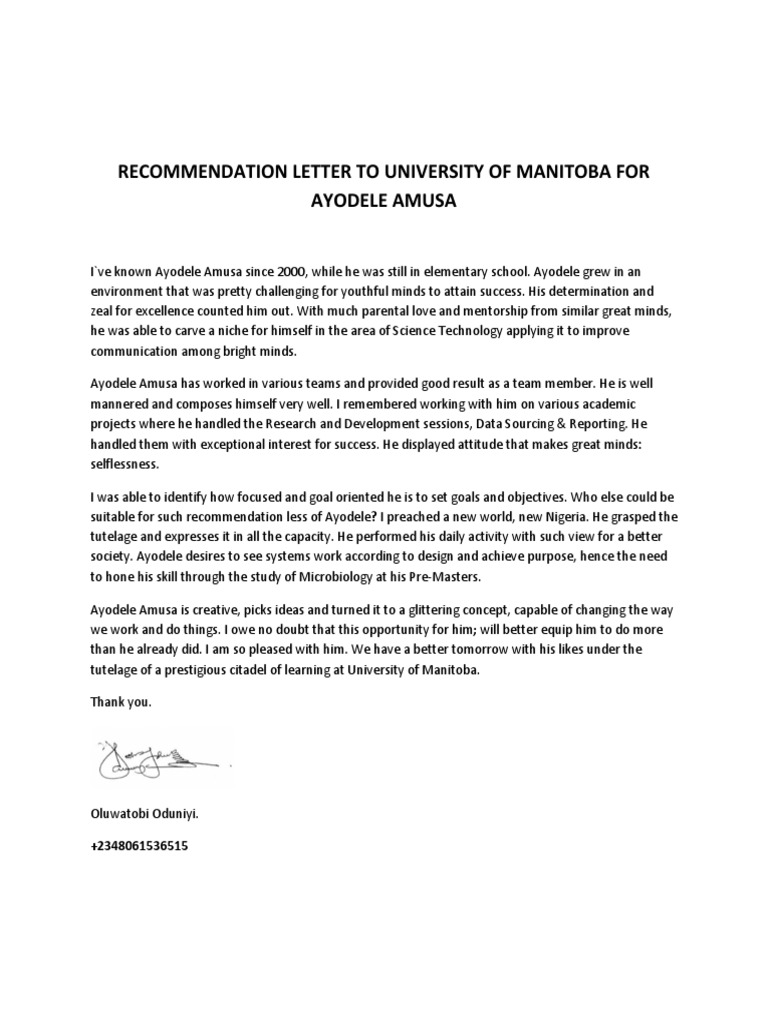 Recommendation Letter To University of Manitoba For Ayodele Amusa | PDF