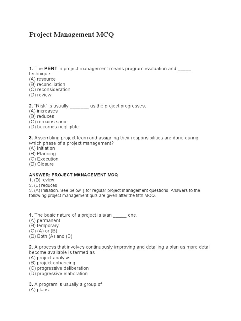 Project Management MCQ | PDF | Project Management | Resource