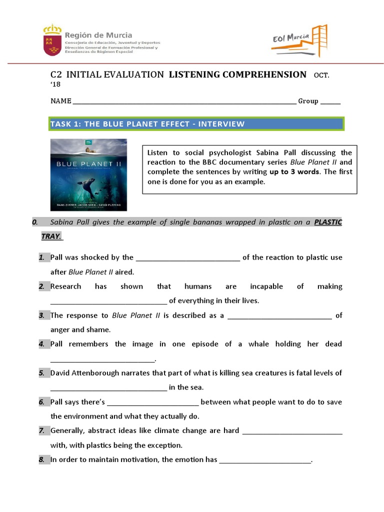 C2 Initial Evaluation Listening Comprehension: Task 1: The Blue Planet ...