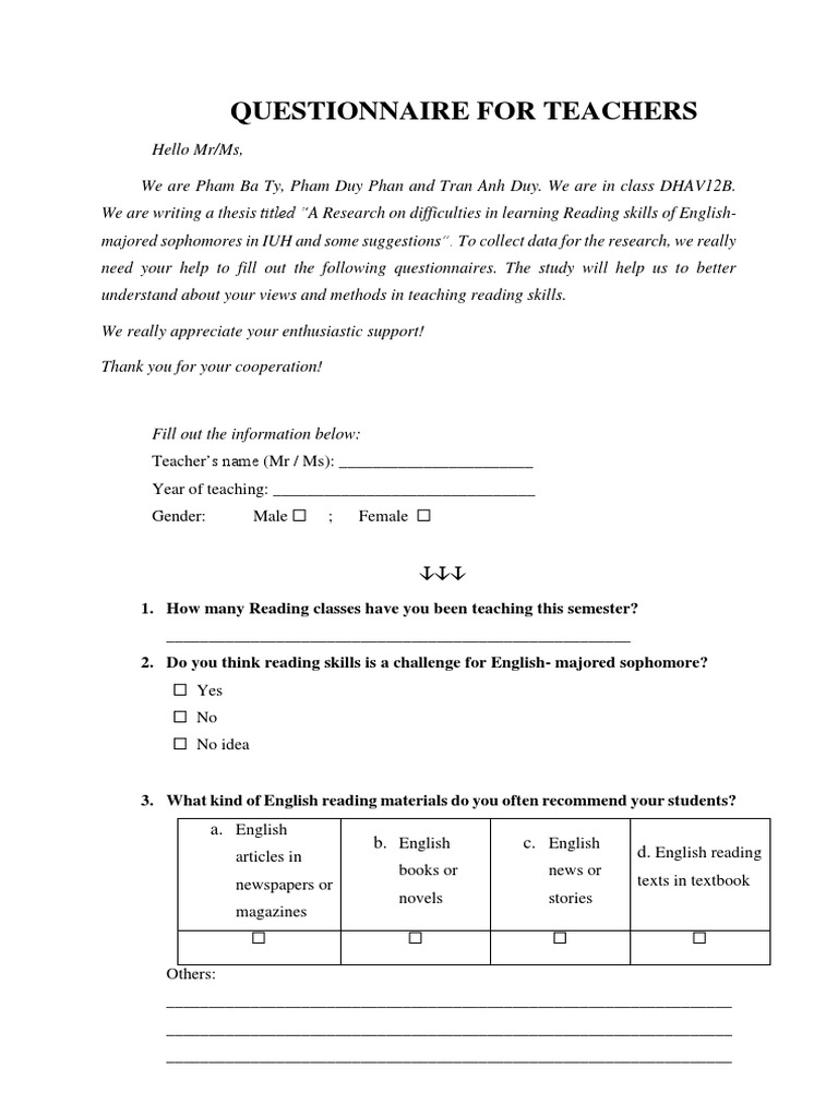 Questionnaire For Teachers: 1. How Many Reading Classes Have You Been ...