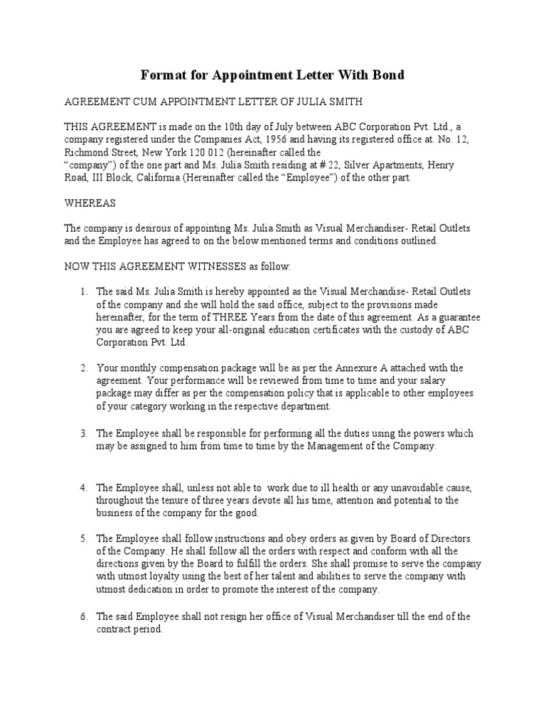 Appointment Letter With Bond | PDF | Business | Government
