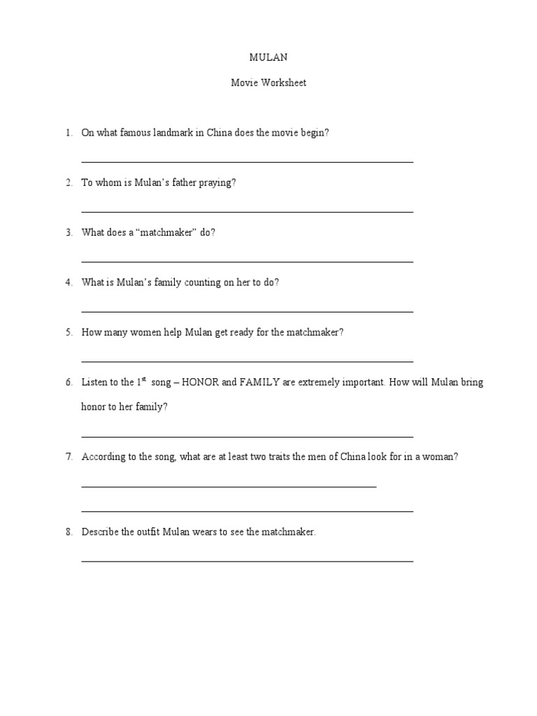 Mulan Movie Worksheet Questions | PDF