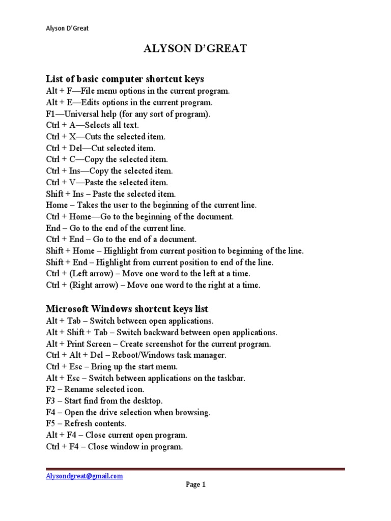 Alyson D'Great: List of Basic Computer Shortcut Keys | PDF | Keyboard ...