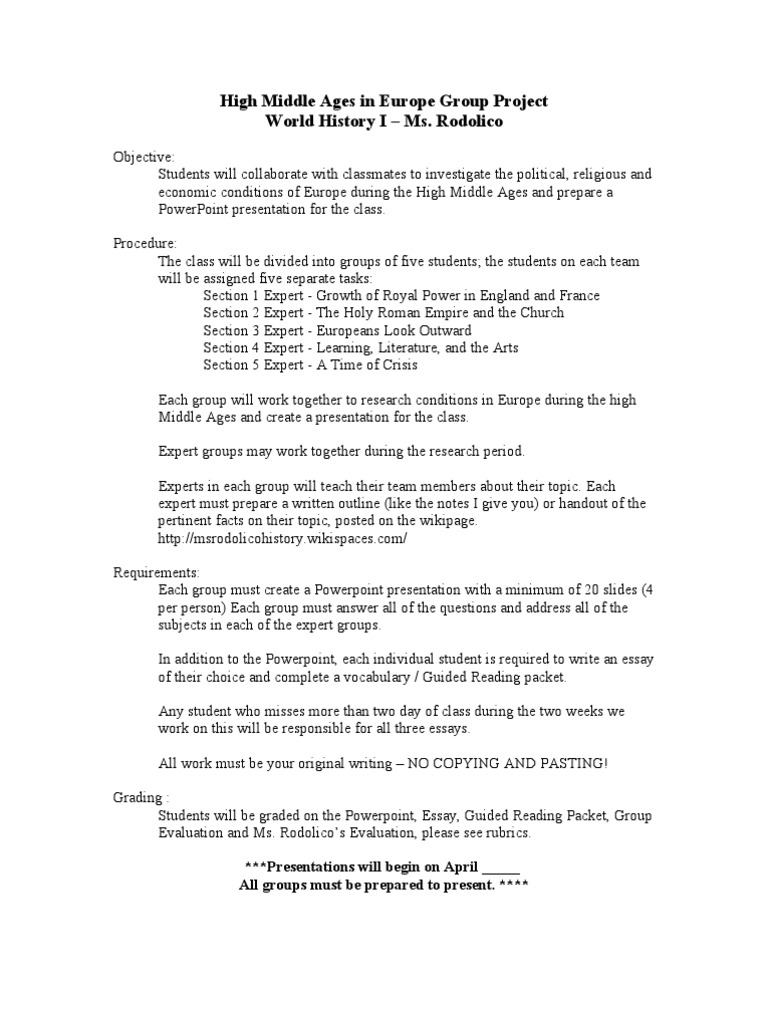 Middle Ages in Europe Group Project | PDF | Expert | Middle Ages