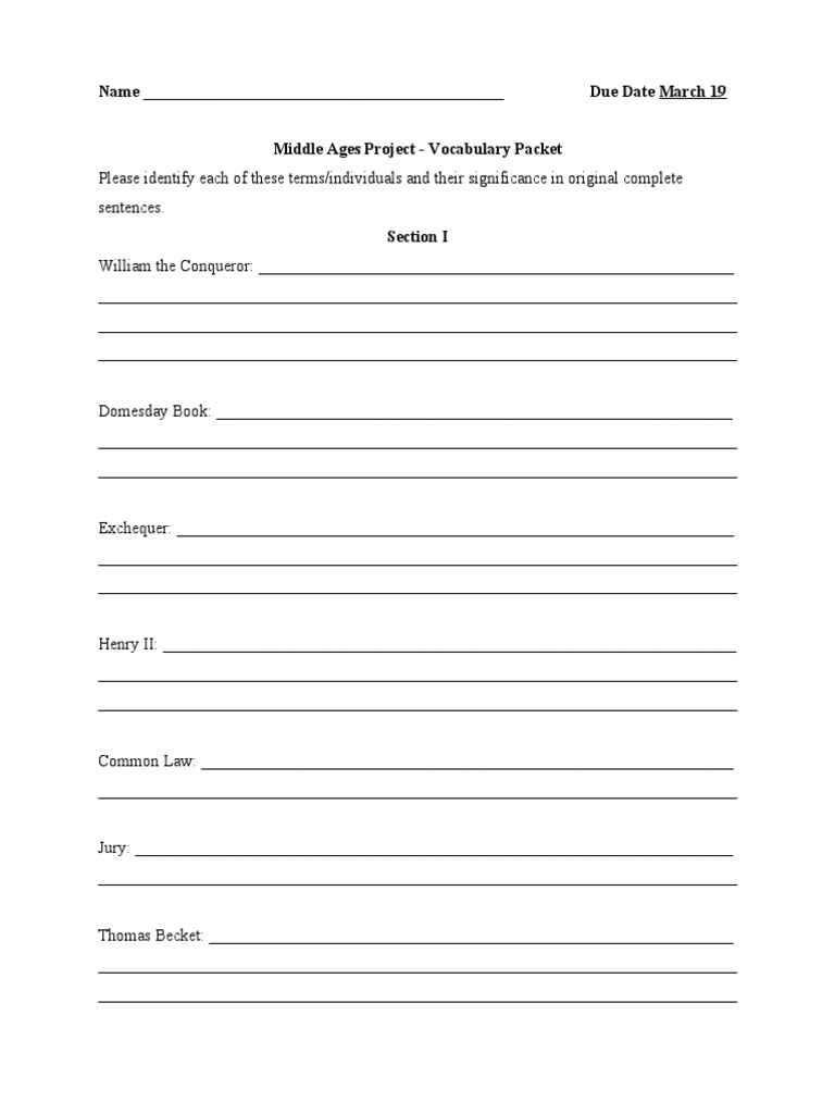 Middle Ages Vocabulary Project Guide | PDF | Middle Ages | European ...
