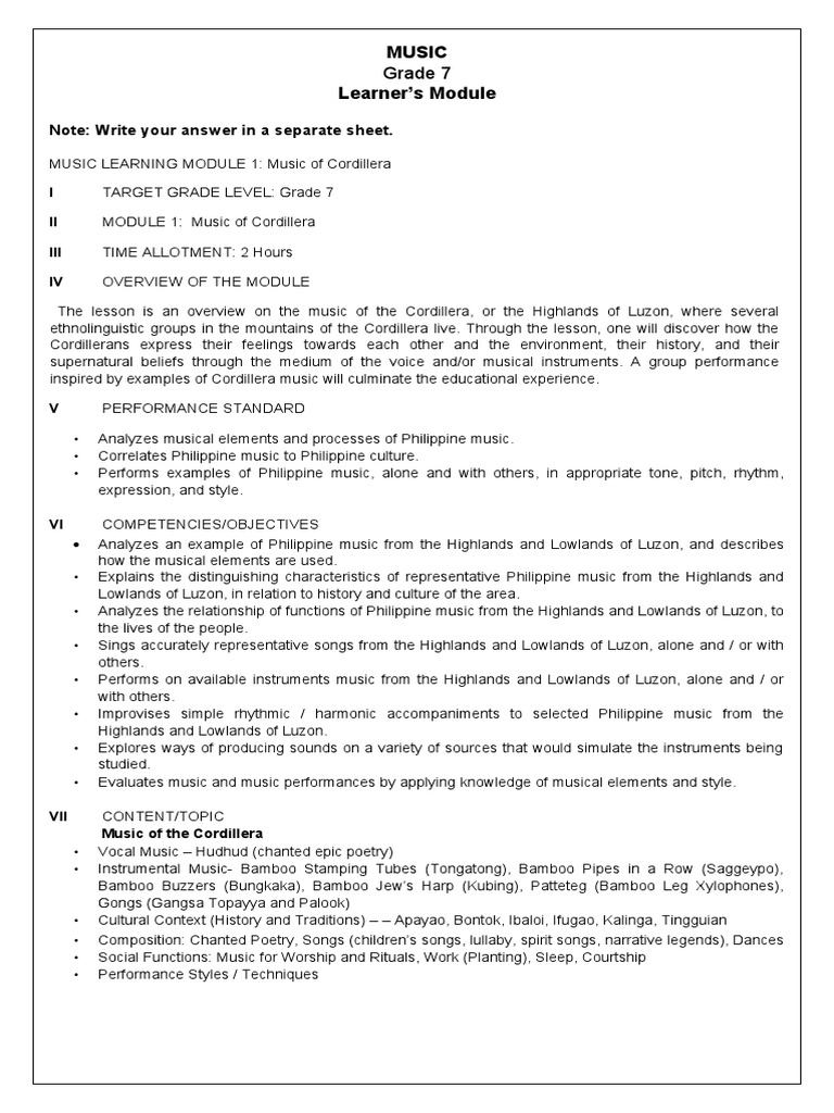 Grade 7 Music: Cordillera Module | PDF | Performing Arts | Sound