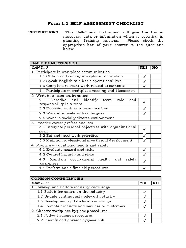 Form 1.1 Self-Assessment Checklist: INSTRUCTIONS: This Self-Check ...