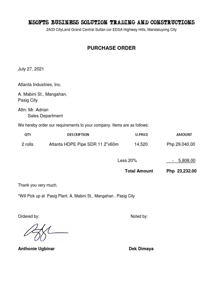 Purchase Order Sample | PDF