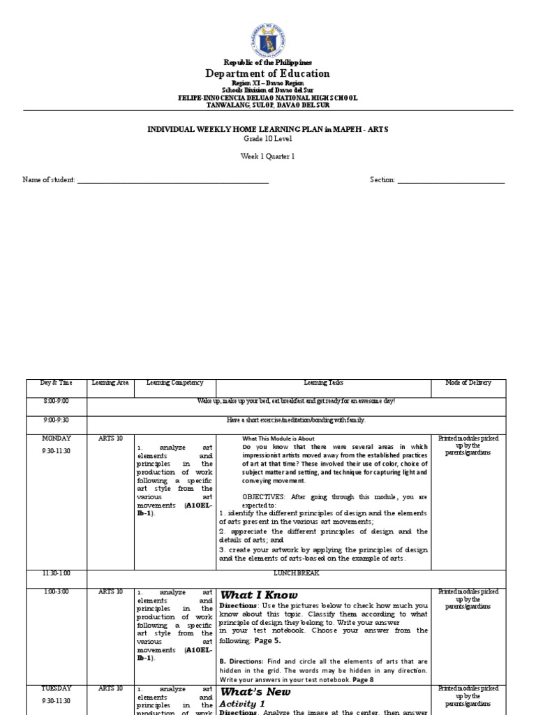 ARTS10 Q1 Week1 WHLP | PDF | Educational Psychology | Behavior Modification