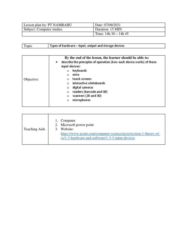 Lesson Plan Teaching Methods of Computer | PDF | Input/Output | Barcode