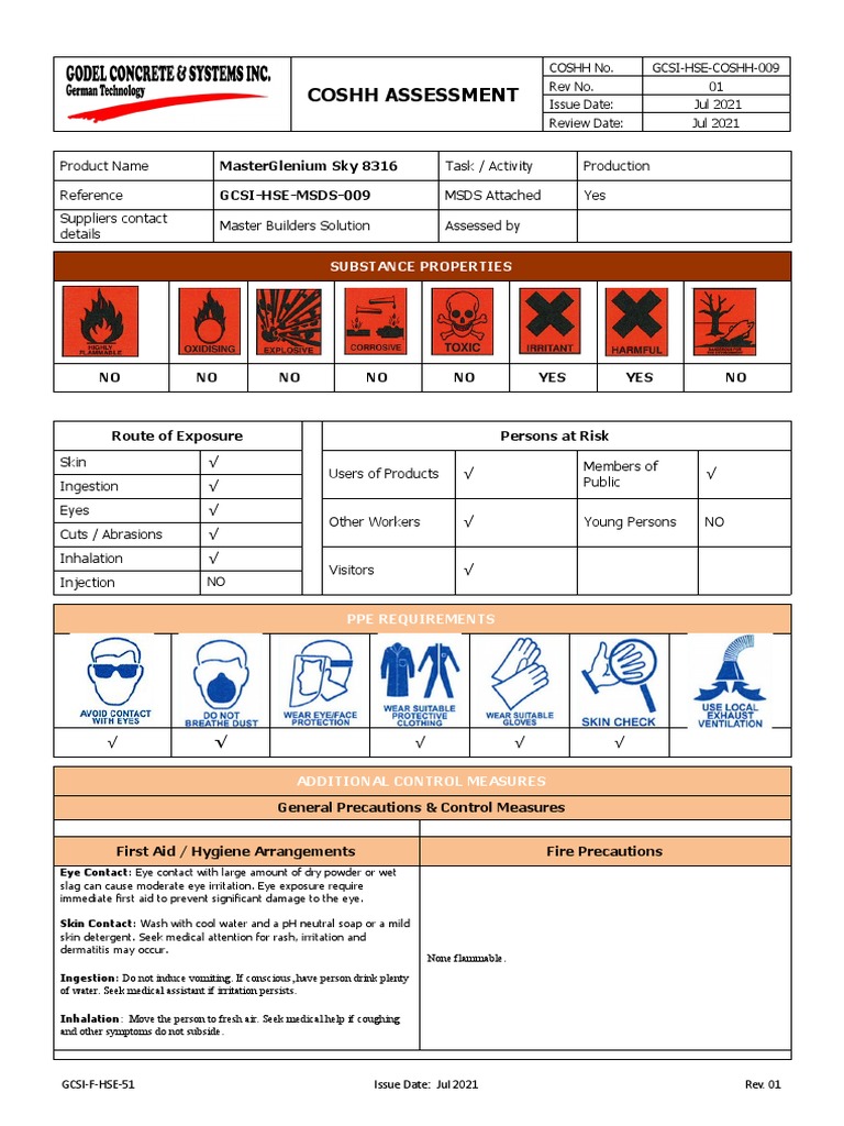 COSHH Assessment - MasterGlenium Sky 8316 | PDF | Occupational Safety ...