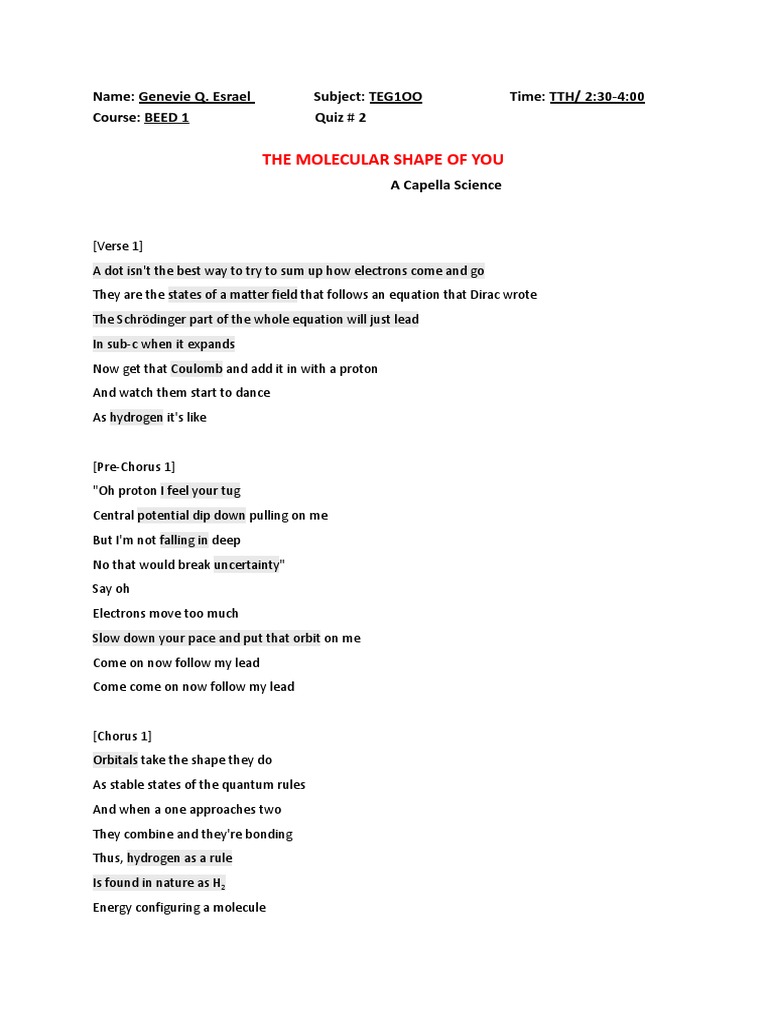 The Molecular Shape of You: Name: Genevie Q. Esrael Subject: TEG1OO ...