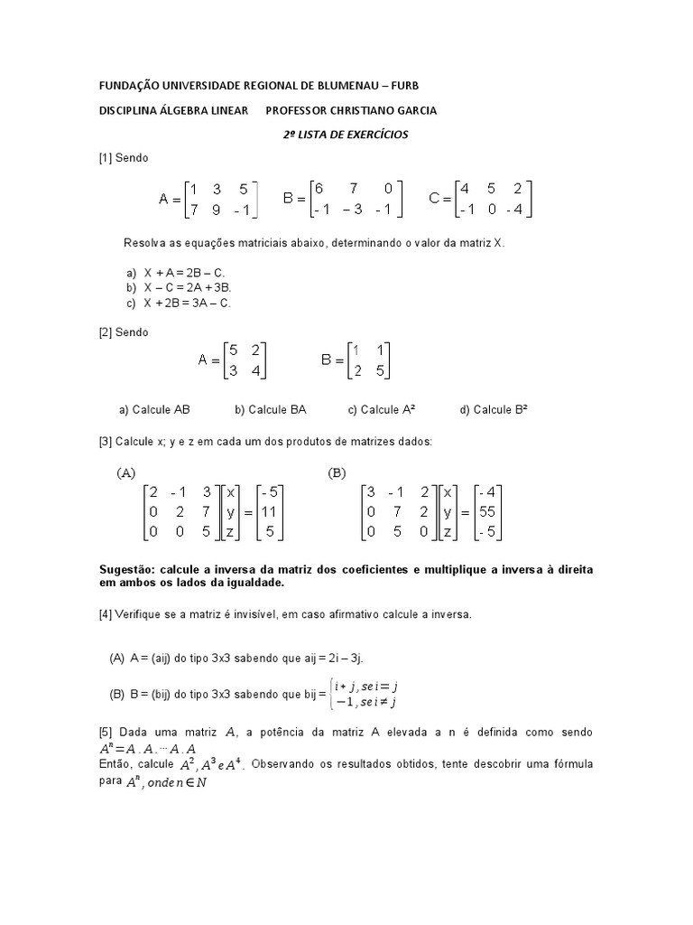 Lista de Exercícios Operações Com Matrizes | PDF | Matriz (Matemática ...