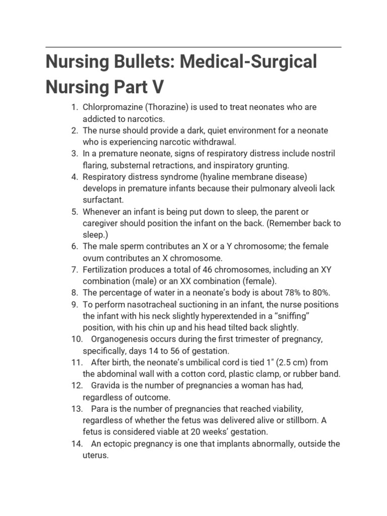 Medical Surgical Nursing 5 Bullets | PDF | Childbirth | Pregnancy