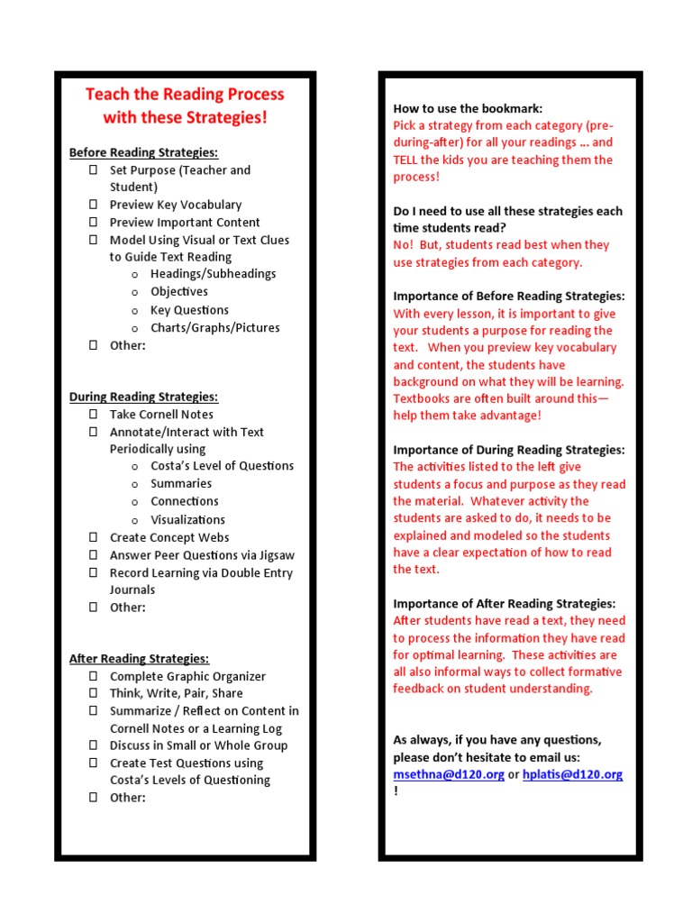Reading Strategy Bookmark For Teachers | PDF | Applied Psychology ...