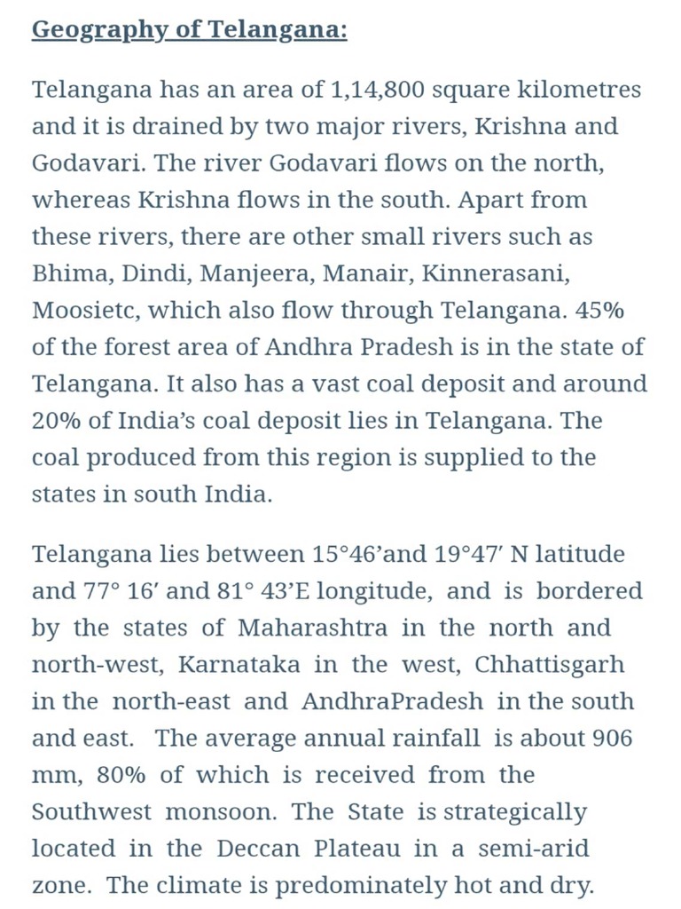 Telangana Geography - Physical Setting of Telangana | PDF