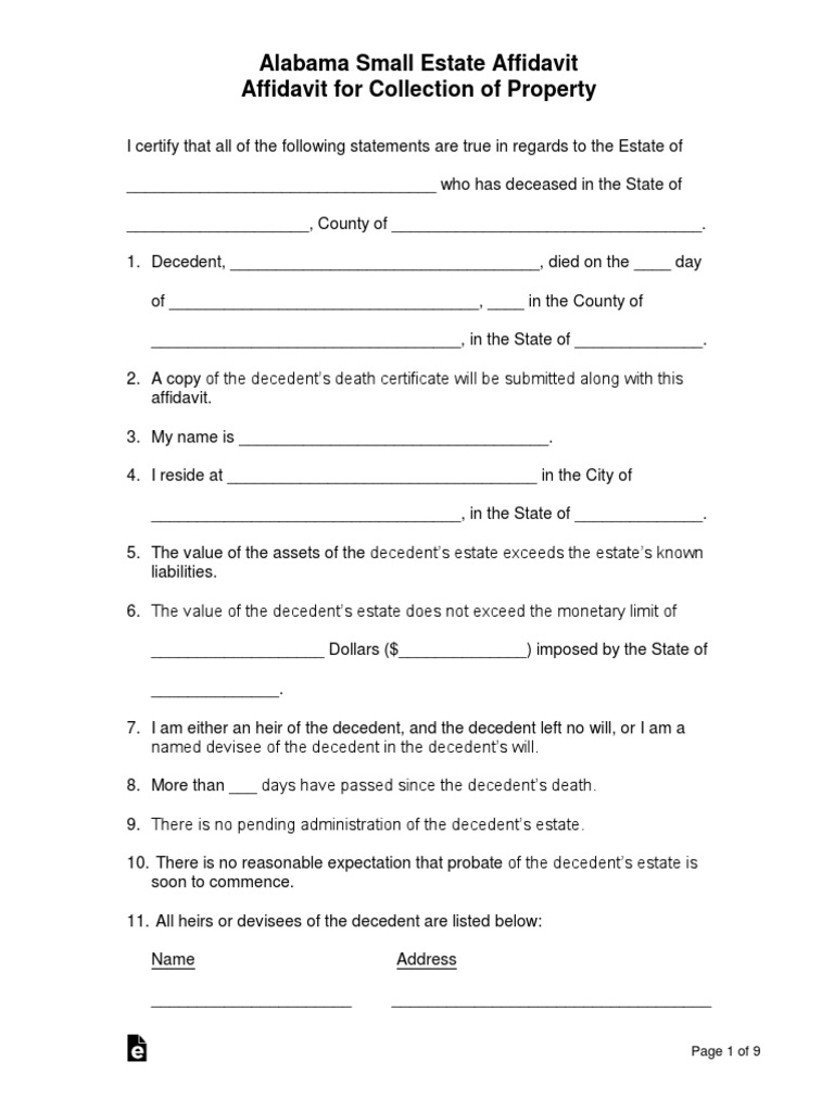 Alabama Small Estate Affidavit Form | PDF | Affidavit | Notary Public