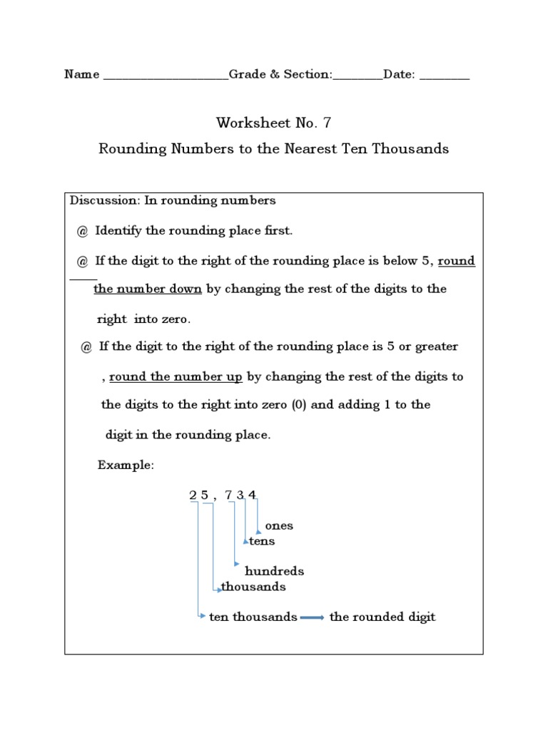 Worksheet No. 7 Rounding Numbers To The Nearest Ten Thousands | PDF