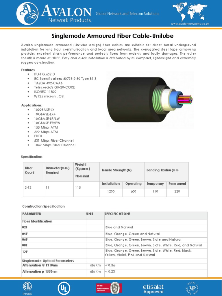 Singlemode Armoured Fiber Cable Unitube | PDF | Optical Fiber | Equipment