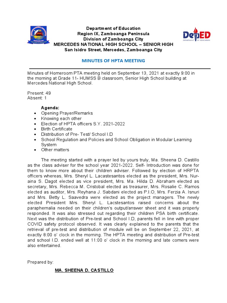 Minutes of HRPTA Meeting 2021 22 | PDF