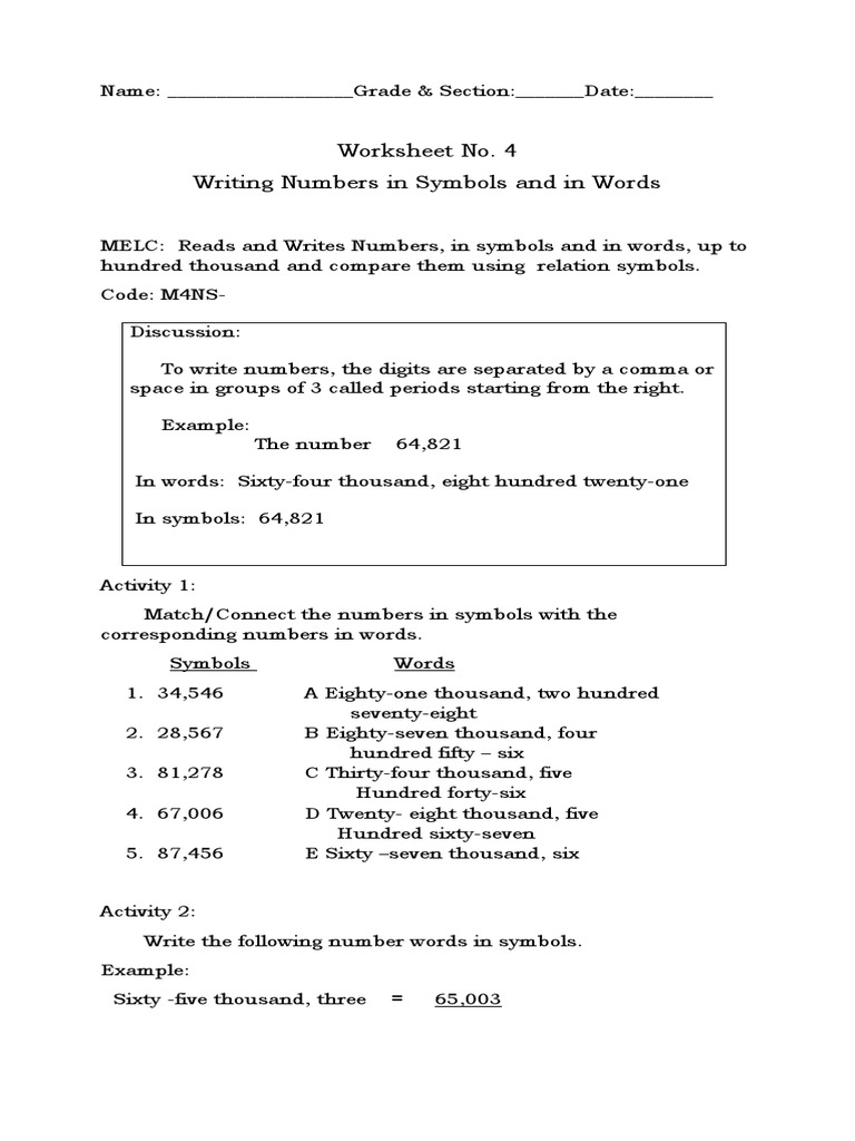 Worksheet No. 4 Writing Numbers in Symbols and in Words | PDF ...