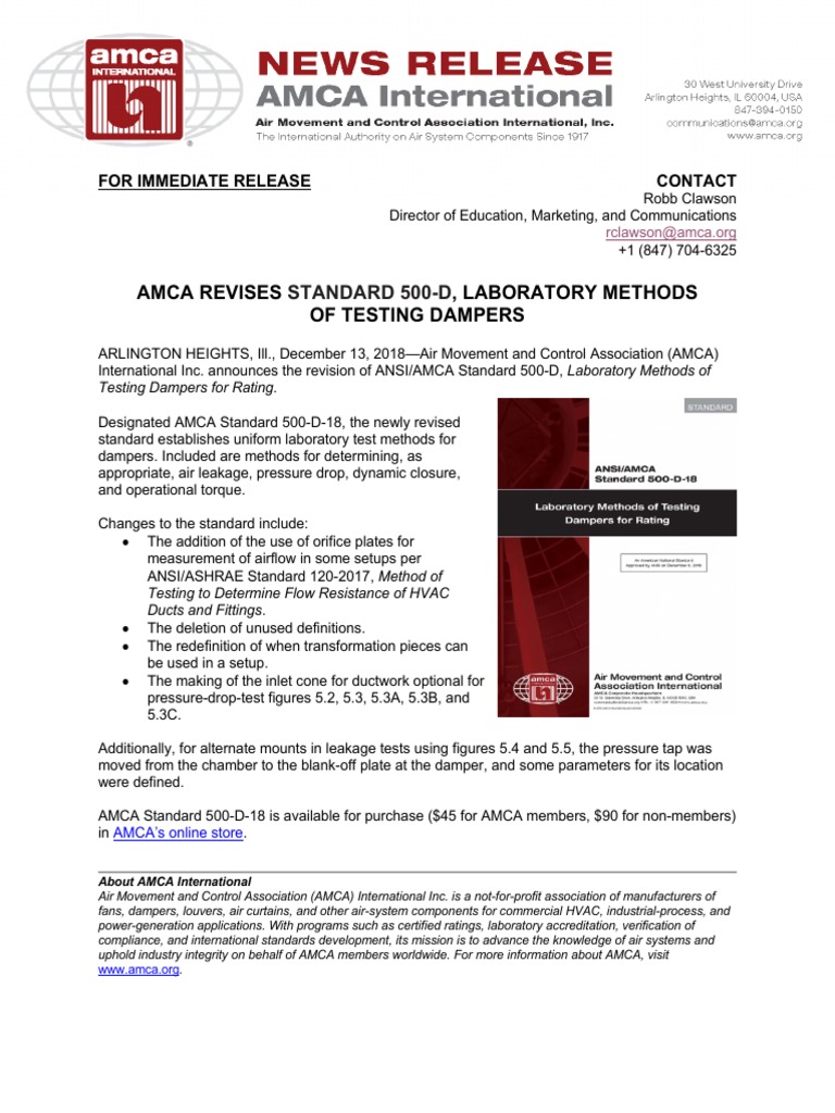 Press Release - ANSI AMCA 500-D-18 | PDF | Automation | Temperature