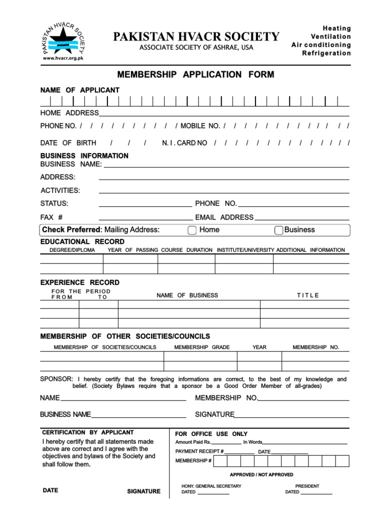 Professional Membership Form - Pak Society of HVACR | PDF