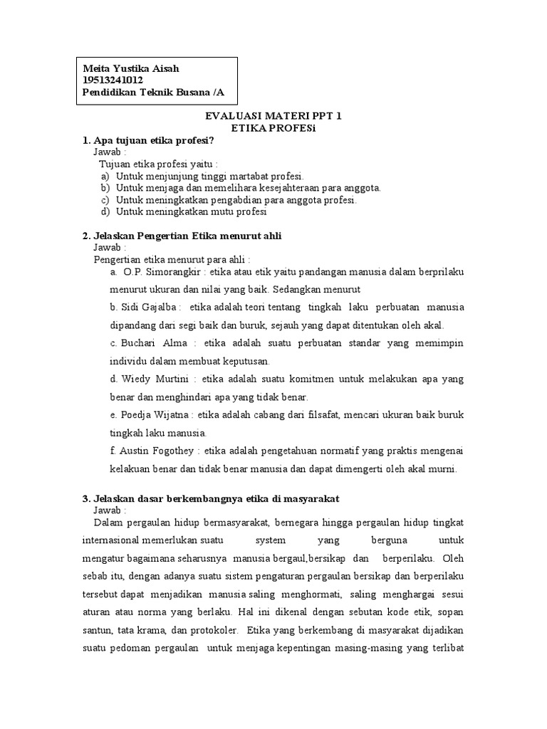 Meita Yustika Aisah - 19513241012 - Evaluasi Materi PPT 1 | PDF | Karier & Perkembangan