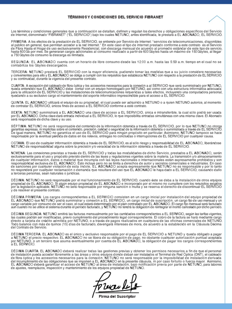 Términos y Condiciones Fibranet-111 | PDF | Internet | Pagos
