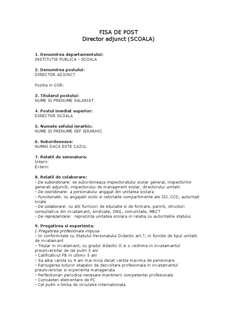 Fisa Post Director Adjunct (SCOALA) | PDF