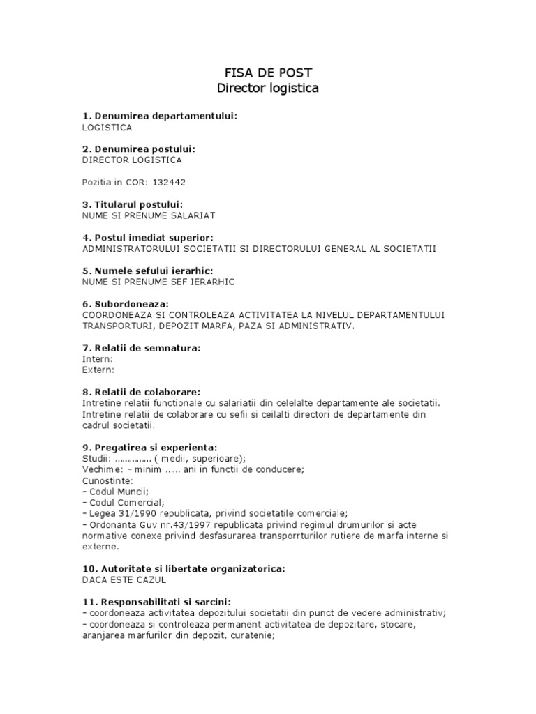 Fisa Post Director Logistica | PDF