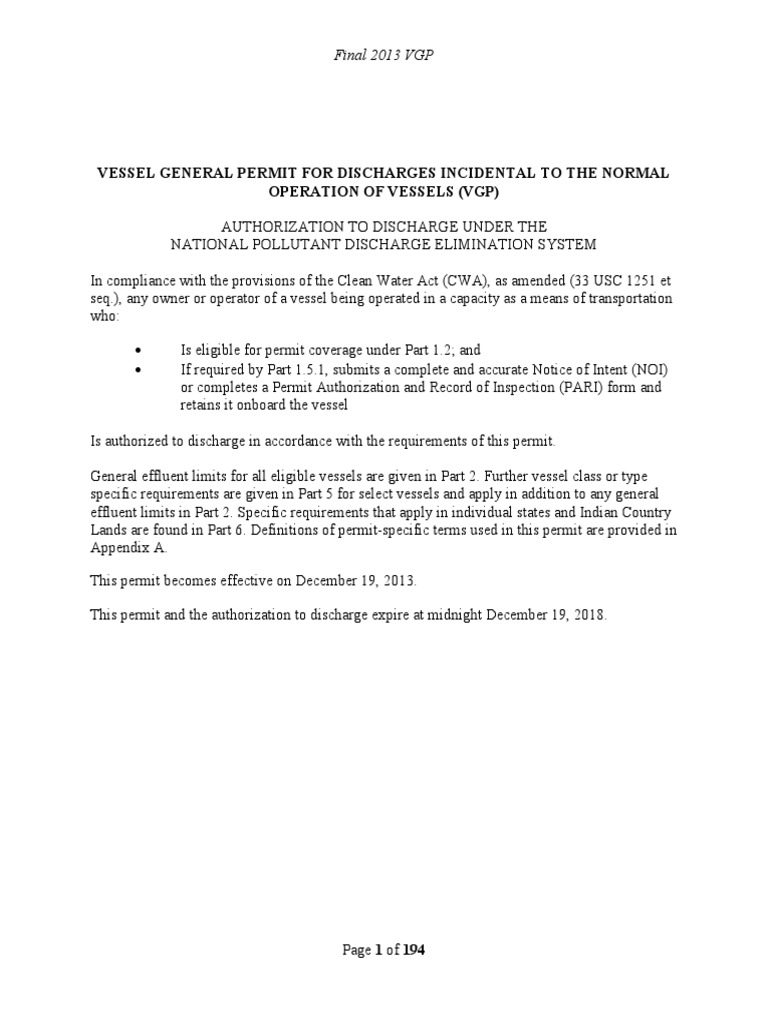 Vessel General Permit For Discharges Incidental To The Normal Operation ...