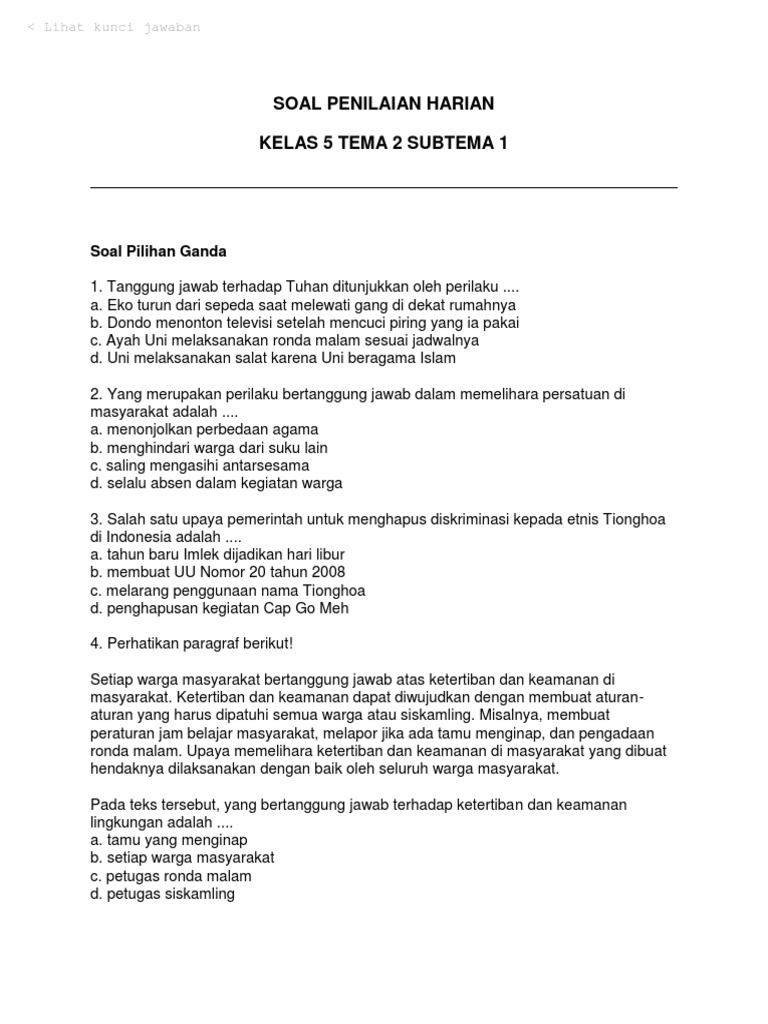 Soal Penilaian Harian Kelas 5 Tema 2 Subtema 1 | PDF | Seni & Disiplin Bahasa | Kajian Bahasa Asing