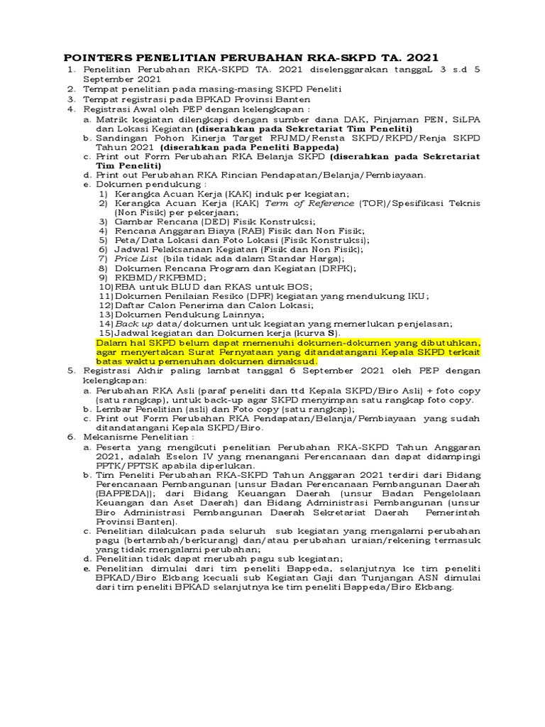 Pointers Penelitian Perubahan Rka 2021 | PDF