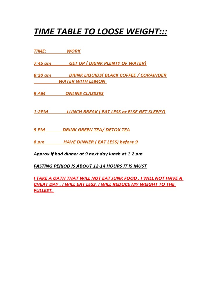 Weight Loss Timetable and Plan | PDF
