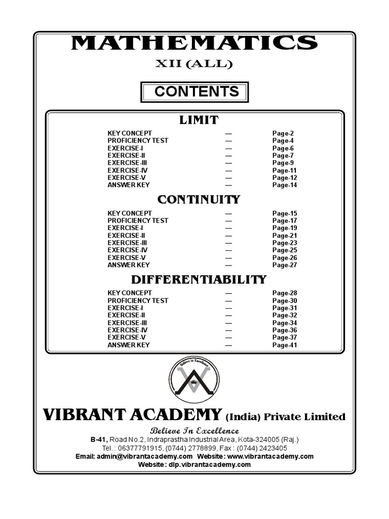 Mathematics Practice Exercises and Answer Key for Limits, Continuity ...