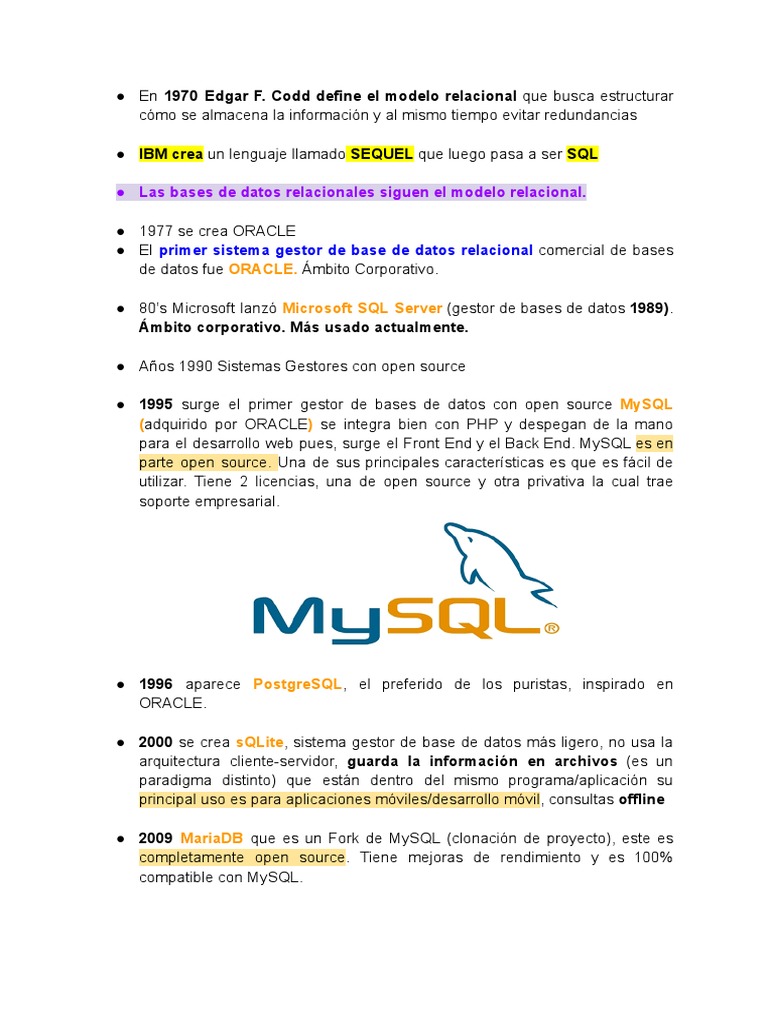 Historia de Las Bases de Datos | PDF | Bases de datos | Mi sql