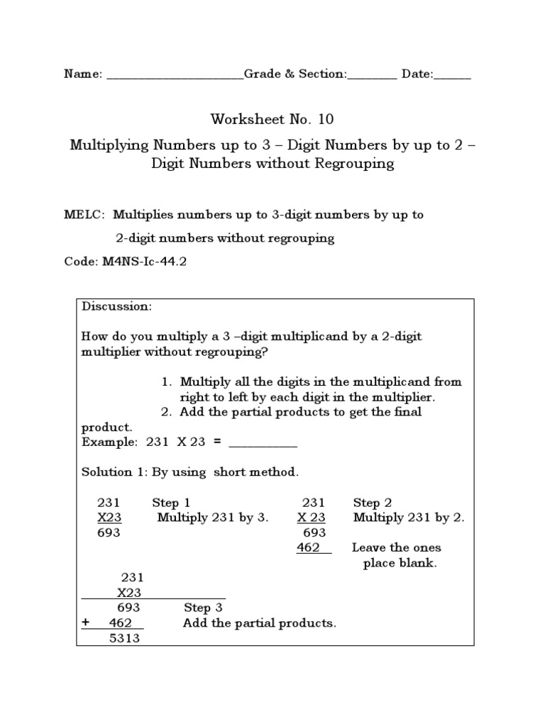 Worksheet No. 10 Multiplying Numbers Up To 3 - Digit Numbers by Up To 2 ...