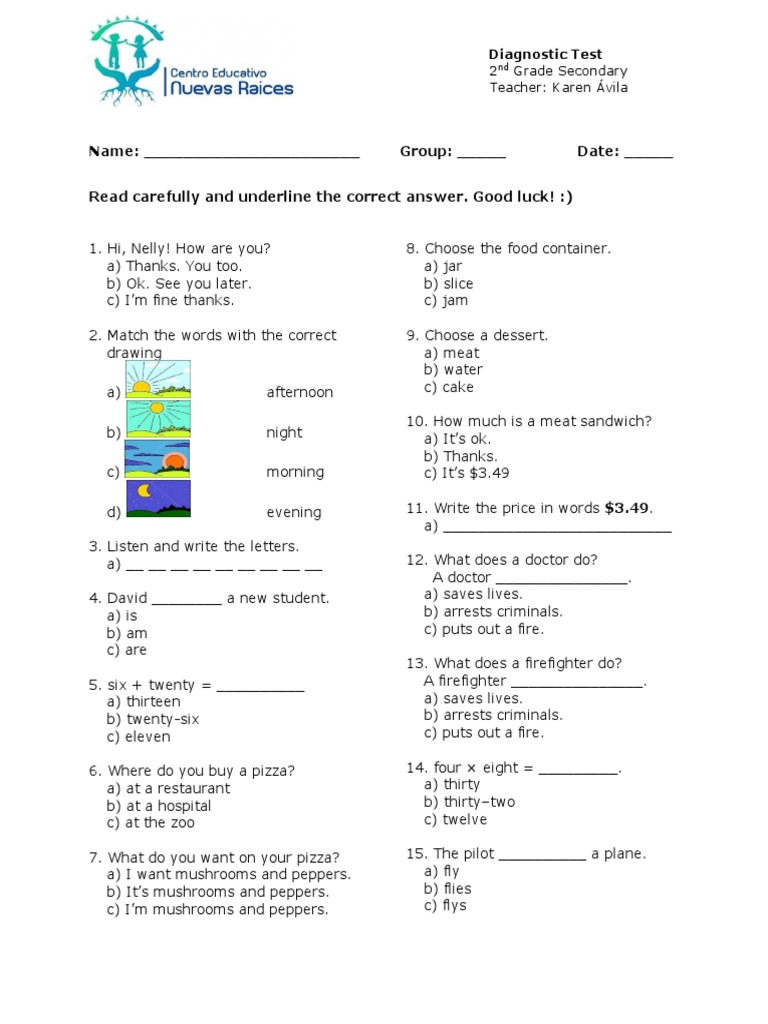 Secondary 2nd Grade - Diagnostic Test | PDF