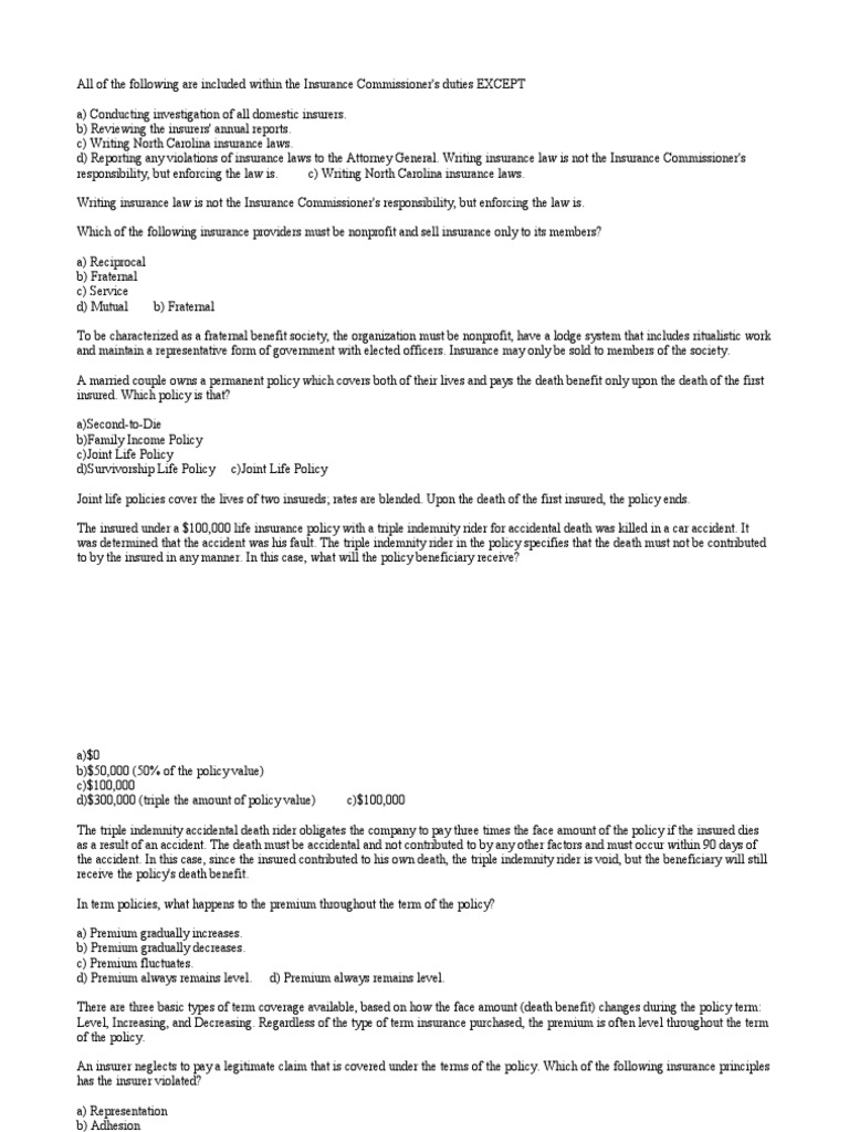 NC Life Insurance Practice Exam Questions | PDF | Insurance | Annuity ...