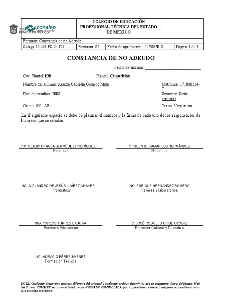 Constancia de No Adeudo PDF | PDF