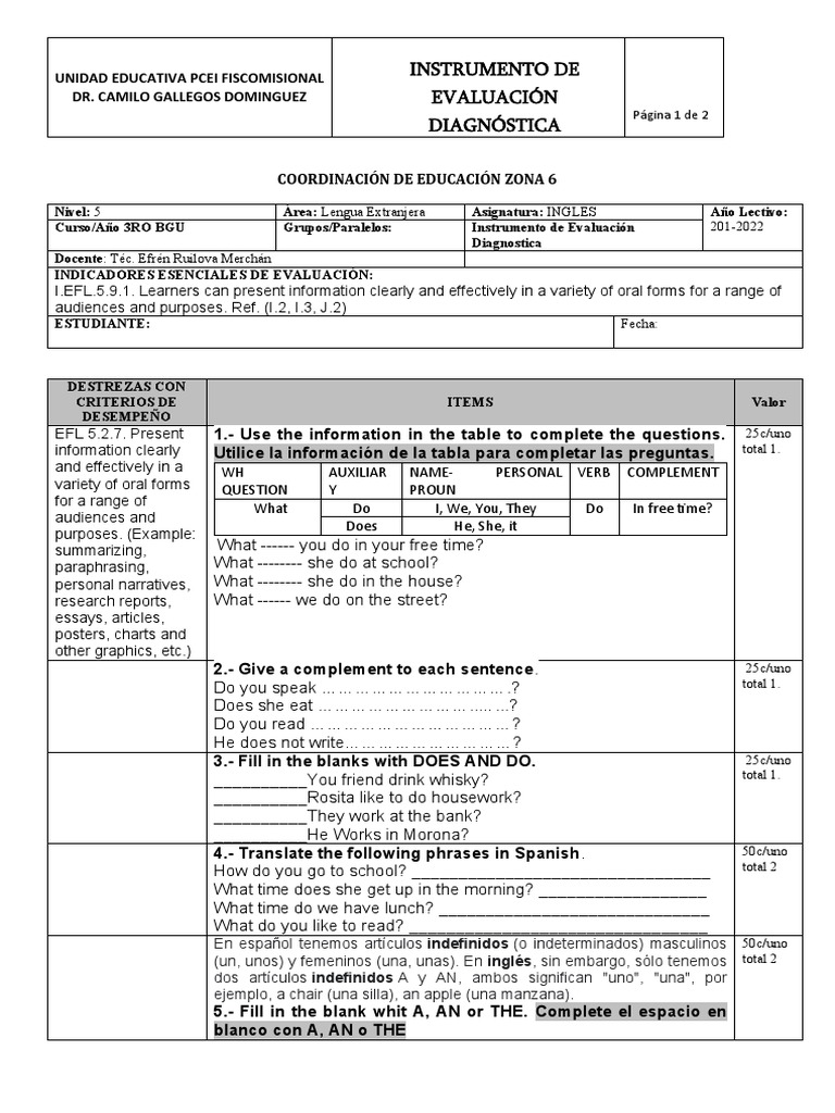 Evaluacion Diagnostica Tercer Año | PDF