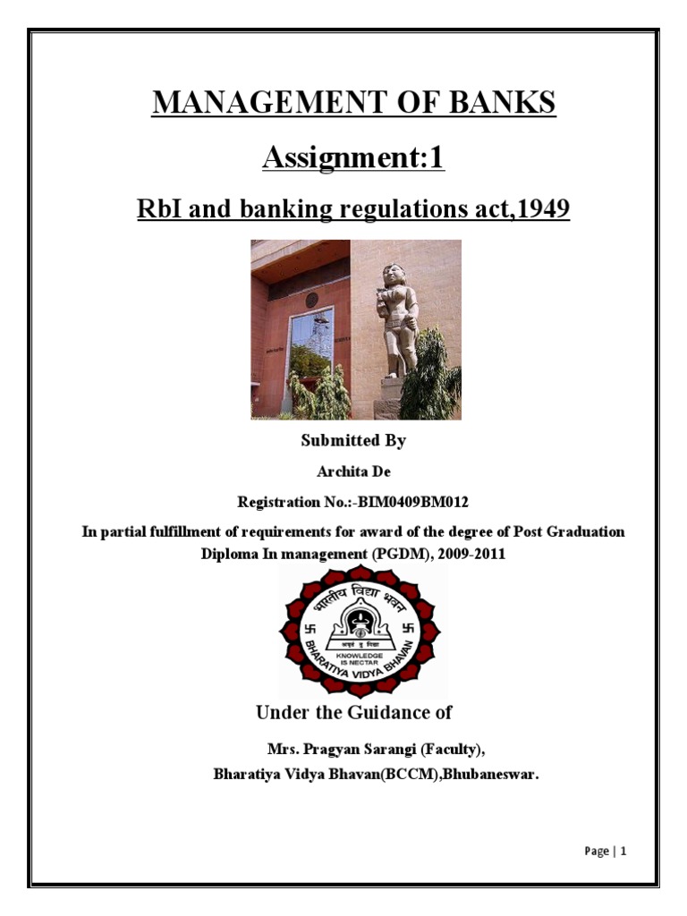 Management of Banks Assignment:1: Rbi and Banking Regulations Act, 1949 ...