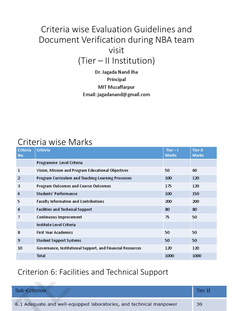 NBA Evaluation Guidelines Criteria Marks Tier-II Institution | PDF