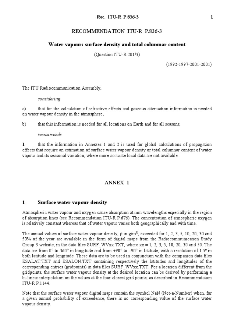 Itu R P 836 Pdf Water Vapor Absorption Electromagnetic Radiation