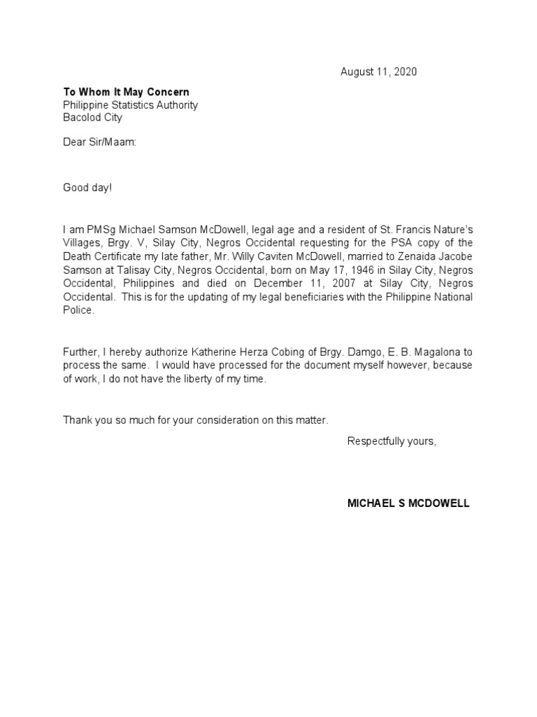 Authorization Letter - PSA | PDF