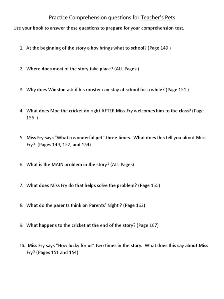 Practice Comprehension Questions For Teachers Pets | PDF