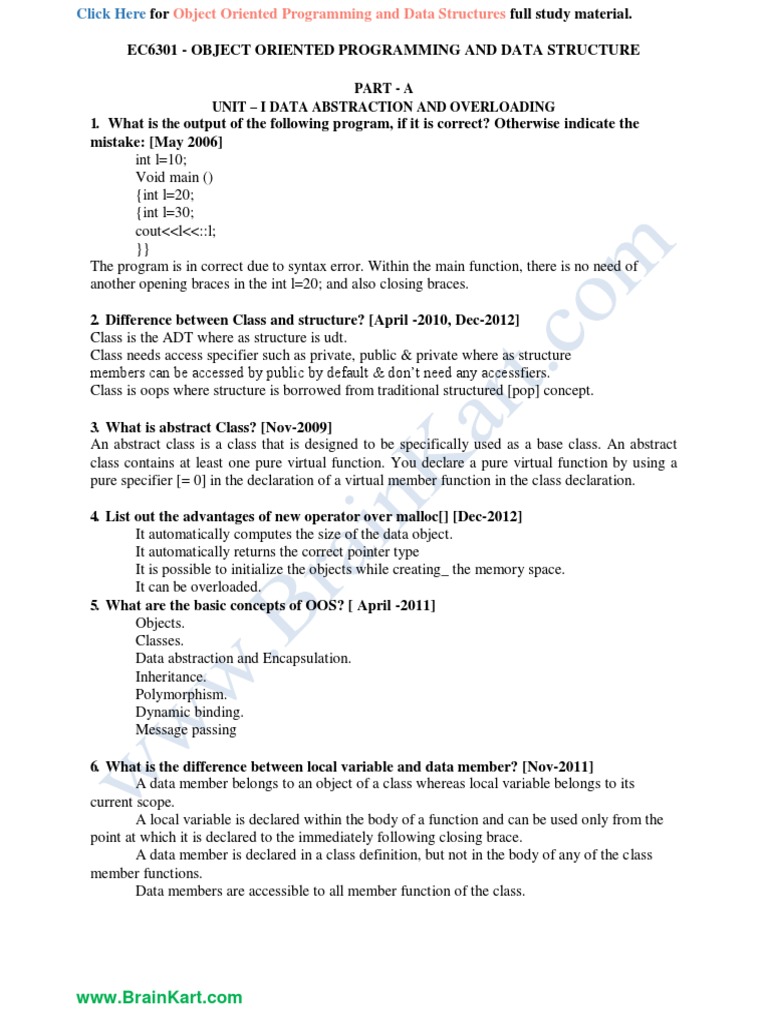 165 - EC6301 Object Oriented Programming and Data Structures - Important Question | PDF | Class ...