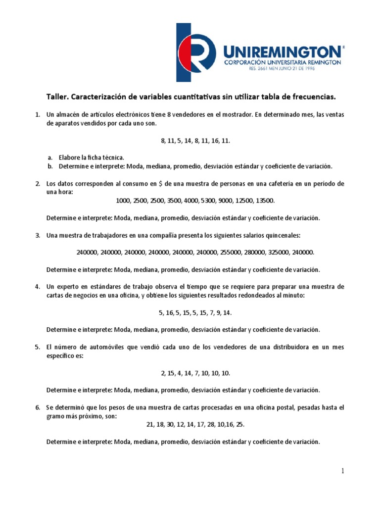 Taller Variables Cuantitativas Sin Tablas | PDF | Desviación Estándar | Prueba (evaluación)